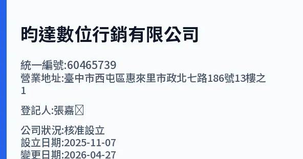 昀達數位行銷有限公司的照片-統編 60465739(臺中市) 公司登記資料與營業項目詳細圖表