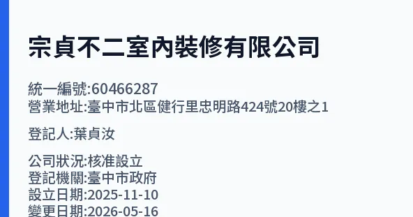 宗貞不二室內裝修有限公司的照片-統編 60466287(臺中市) 公司登記資料與營業項目詳細圖表