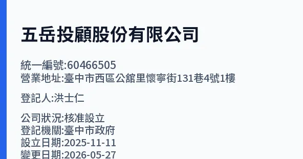 五岳投顧股份有限公司的照片-統編 60466505(臺中市) 公司登記資料與營業項目詳細圖表
