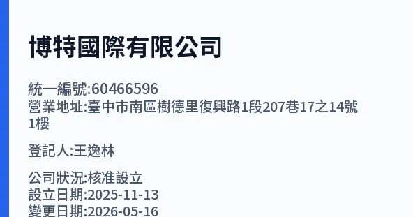 博特國際有限公司的照片-統編 60466596(臺中市) 公司登記資料與營業項目詳細圖表