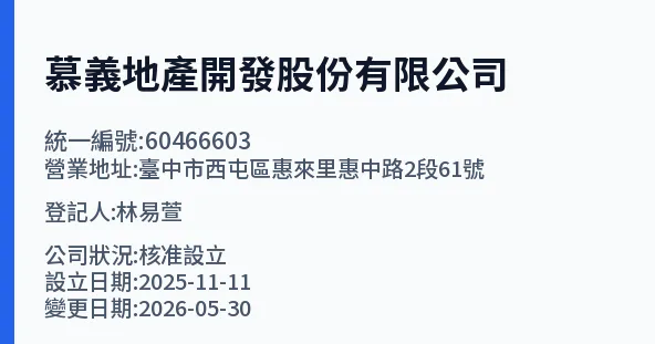 慕義地產開發股份有限公司的照片-統編 60466603(臺中市) 公司登記資料與營業項目詳細圖表
