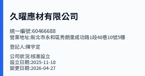 久曜應材有限公司的照片-統編 60466688(新北市) 公司登記資料與營業項目詳細圖表