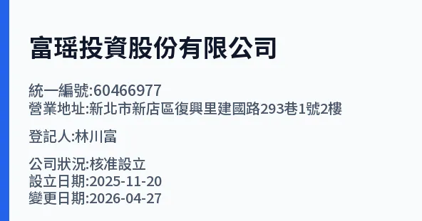 富瑶投資股份有限公司的照片-統編 60466977(新北市) 公司登記資料與營業項目詳細圖表