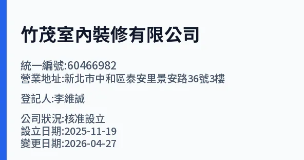 竹茂室內裝修有限公司的照片-統編 60466982(新北市) 公司登記資料與營業項目詳細圖表