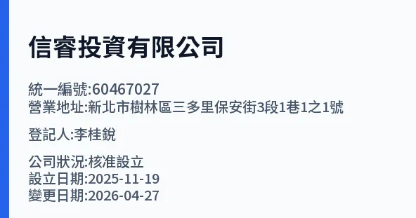 信睿投資有限公司的照片-統編 60467027(新北市) 公司登記資料與營業項目詳細圖表