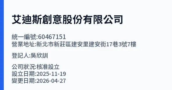 艾迪斯創意股份有限公司的照片-統編 60467151(新北市) 公司登記資料與營業項目詳細圖表