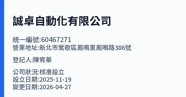 誠卓自動化有限公司的照片-統編 60467271(新北市) 公司登記資料與營業項目詳細圖表