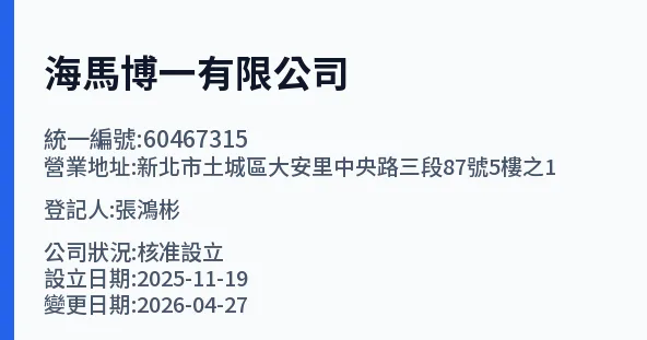 海馬博一有限公司的照片-統編 60467315(新北市) 公司登記資料與營業項目詳細圖表