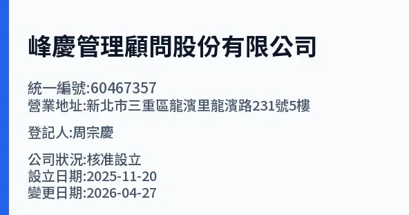 峰慶管理顧問股份有限公司的照片-統編 60467357(新北市) 公司登記資料與營業項目詳細圖表