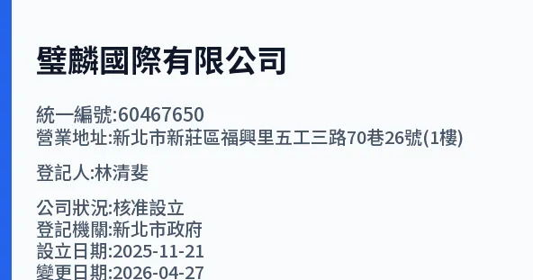 璧麟國際有限公司的照片-統編 60467650(新北市) 公司登記資料與營業項目詳細圖表