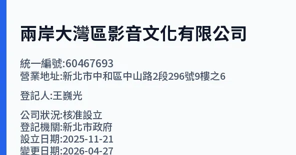 兩岸大灣區影音文化有限公司的照片-統編 60467693(新北市) 公司登記資料與營業項目詳細圖表