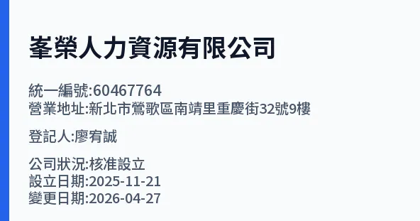 峯榮人力資源有限公司的照片-統編 60467764(新北市) 公司登記資料與營業項目詳細圖表