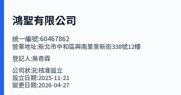 鴻聖有限公司的照片-統編 60467862(新北市) 公司登記資料與營業項目詳細圖表
