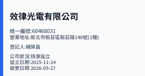 效律光電有限公司的照片-統編 60468031(新北市) 公司登記資料與營業項目詳細圖表