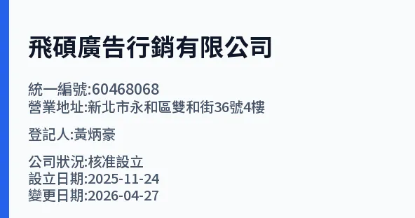 飛碩廣告行銷有限公司的照片-統編 60468068(新北市) 公司登記資料與營業項目詳細圖表