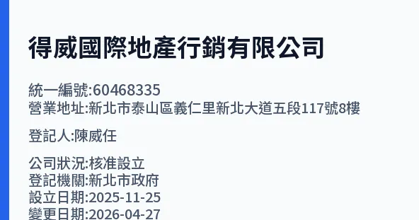 得威國際地產行銷有限公司的照片-統編 60468335(新北市) 公司登記資料與營業項目詳細圖表