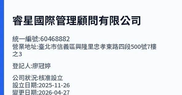 睿星國際管理顧問有限公司的照片-統編 60468882(臺北市) 公司登記資料與營業項目詳細圖表