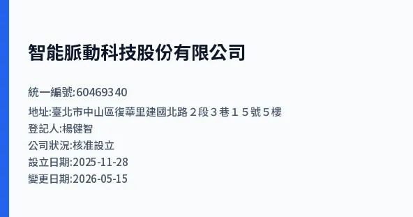 智能脈動科技股份有限公司的照片-統編 60469340(臺北市) 公司登記資料與營業項目詳細圖表
