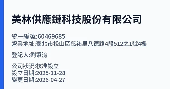 美林供應鏈科技股份有限公司的照片-統編 60469685(臺北市) 公司登記資料與營業項目詳細圖表