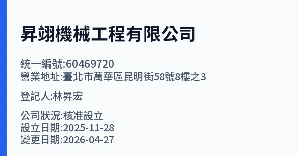昇翊機械工程有限公司的照片-統編 60469720(臺北市) 公司登記資料與營業項目詳細圖表