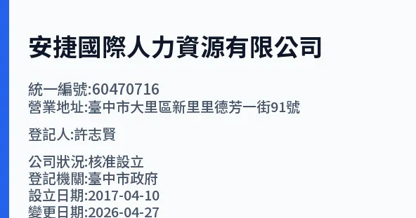 安捷國際人力資源有限公司的照片-統編 60470716(臺中市) 公司登記資料與營業項目詳細圖表