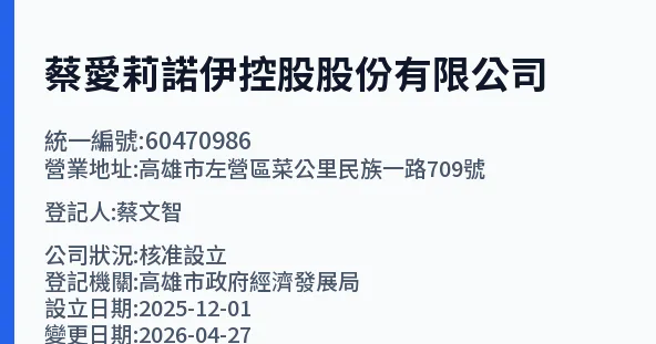 蔡愛莉諾伊控股股份有限公司的照片-統編 60470986(高雄市) 公司登記資料與營業項目詳細圖表