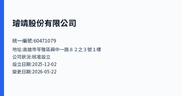 璿靖股份有限公司的照片-統編 60471079(高雄市) 公司登記資料與營業項目詳細圖表