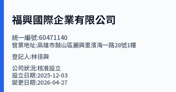 福興國際企業有限公司的照片-統編 60471140(高雄市) 公司登記資料與營業項目詳細圖表