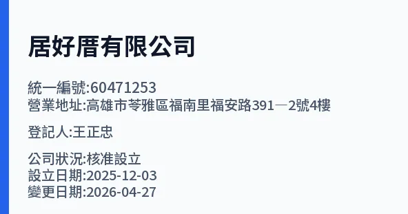 居好厝有限公司的照片-統編 60471253(高雄市) 公司登記資料與營業項目詳細圖表