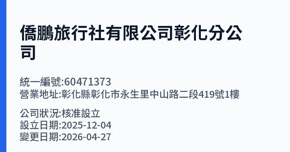 僑鵬旅行社有限公司彰化分公司的照片-統編 60471373(彰化縣) 公司登記資料與營業項目詳細圖表