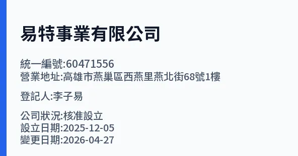 易特事業有限公司的照片-統編 60471556(高雄市) 公司登記資料與營業項目詳細圖表