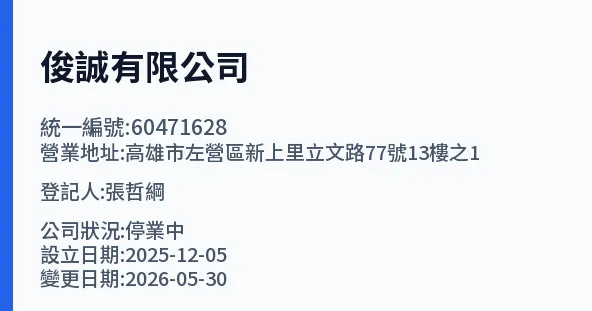 俊誠有限公司的照片-統編 60471628(高雄市) 公司登記資料與營業項目詳細圖表