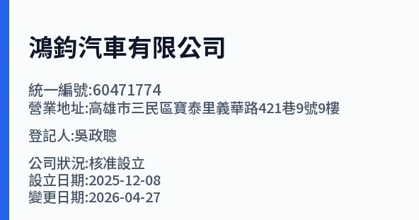 鴻鈞汽車有限公司的照片-統編 60471774(高雄市) 公司登記資料與營業項目詳細圖表