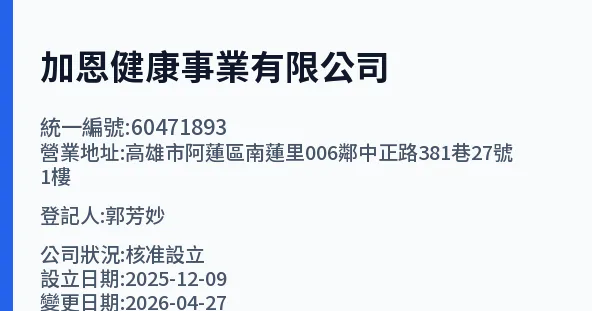加恩健康事業有限公司的照片-統編 60471893(高雄市) 公司登記資料與營業項目詳細圖表