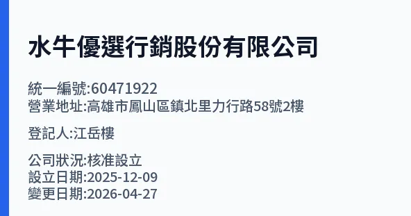 水牛優選行銷股份有限公司的照片-統編 60471922(高雄市) 公司登記資料與營業項目詳細圖表
