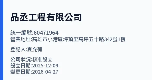 品丞工程有限公司的照片-統編 60471964(高雄市) 公司登記資料與營業項目詳細圖表