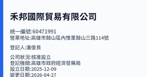 禾邦國際貿易有限公司的照片-統編 60471991(高雄市) 公司登記資料與營業項目詳細圖表