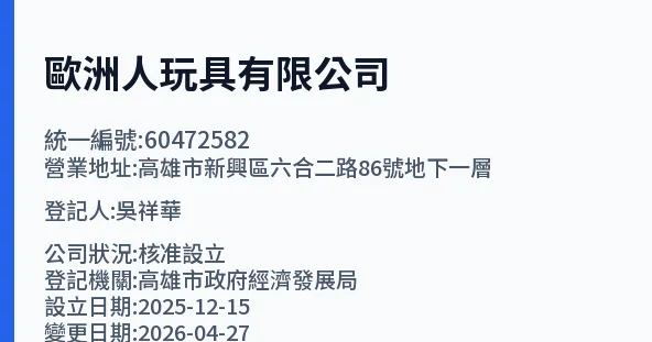 歐洲人玩具有限公司的照片-統編 60472582(高雄市) 公司登記資料與營業項目詳細圖表