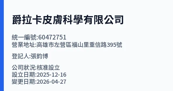 爵拉卡皮膚科學有限公司的照片-統編 60472751(高雄市) 公司登記資料與營業項目詳細圖表
