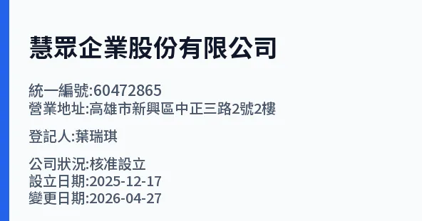 慧眾企業股份有限公司的照片-統編 60472865(高雄市) 公司登記資料與營業項目詳細圖表