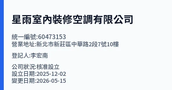 星雨室內裝修空調有限公司的照片-統編 60473153(新北市) 公司登記資料與營業項目詳細圖表