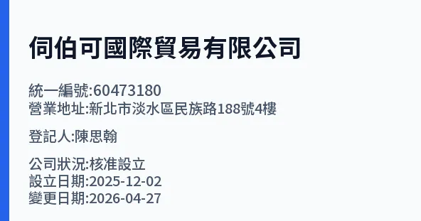 伺伯可國際貿易有限公司的照片-統編 60473180(新北市) 公司登記資料與營業項目詳細圖表