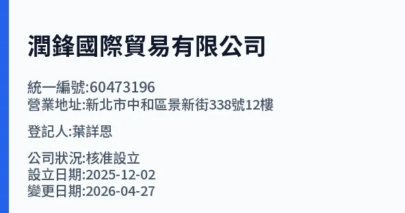 潤鋒國際貿易有限公司的照片-統編 60473196(新北市) 公司登記資料與營業項目詳細圖表