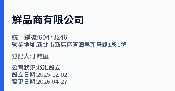 鮮品商有限公司的照片-統編 60473246(新北市) 公司登記資料與營業項目詳細圖表