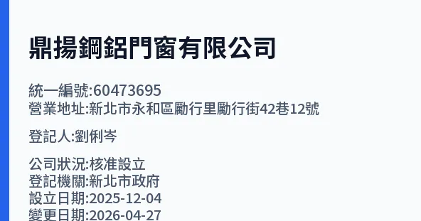 鼎揚鋼鋁門窗有限公司的照片-統編 60473695(新北市) 公司登記資料與營業項目詳細圖表
