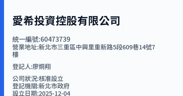 愛希投資控股有限公司的照片-統編 60473739(新北市) 公司登記資料與營業項目詳細圖表