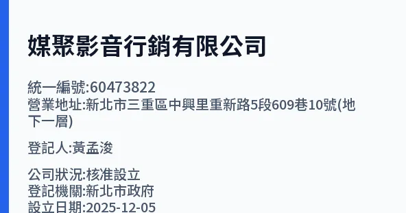媒聚影音行銷有限公司的照片-統編 60473822(新北市) 公司登記資料與營業項目詳細圖表