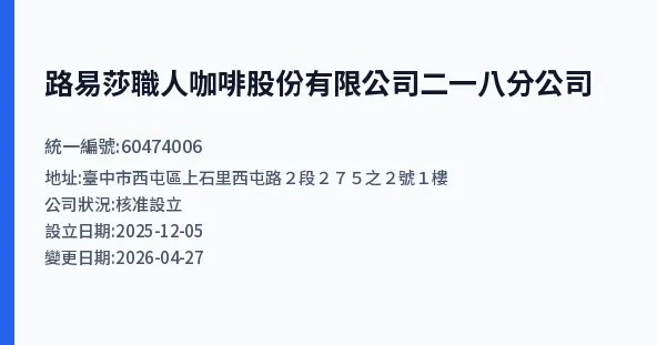 路易莎職人咖啡股份有限公司二一八分公司的照片-統編 60474006(臺中市) 公司登記資料與營業項目詳細圖表