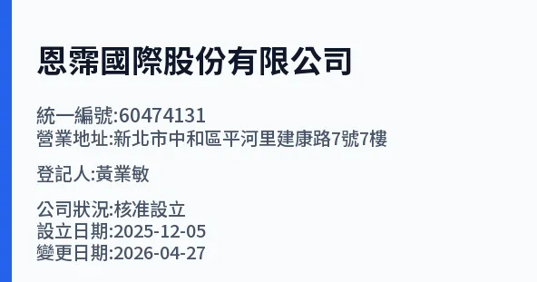恩霈國際股份有限公司的照片-統編 60474131(新北市) 公司登記資料與營業項目詳細圖表