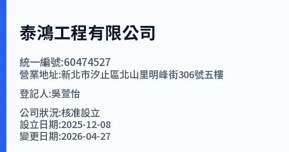 泰鴻工程有限公司的照片-統編 60474527(新北市) 公司登記資料與營業項目詳細圖表